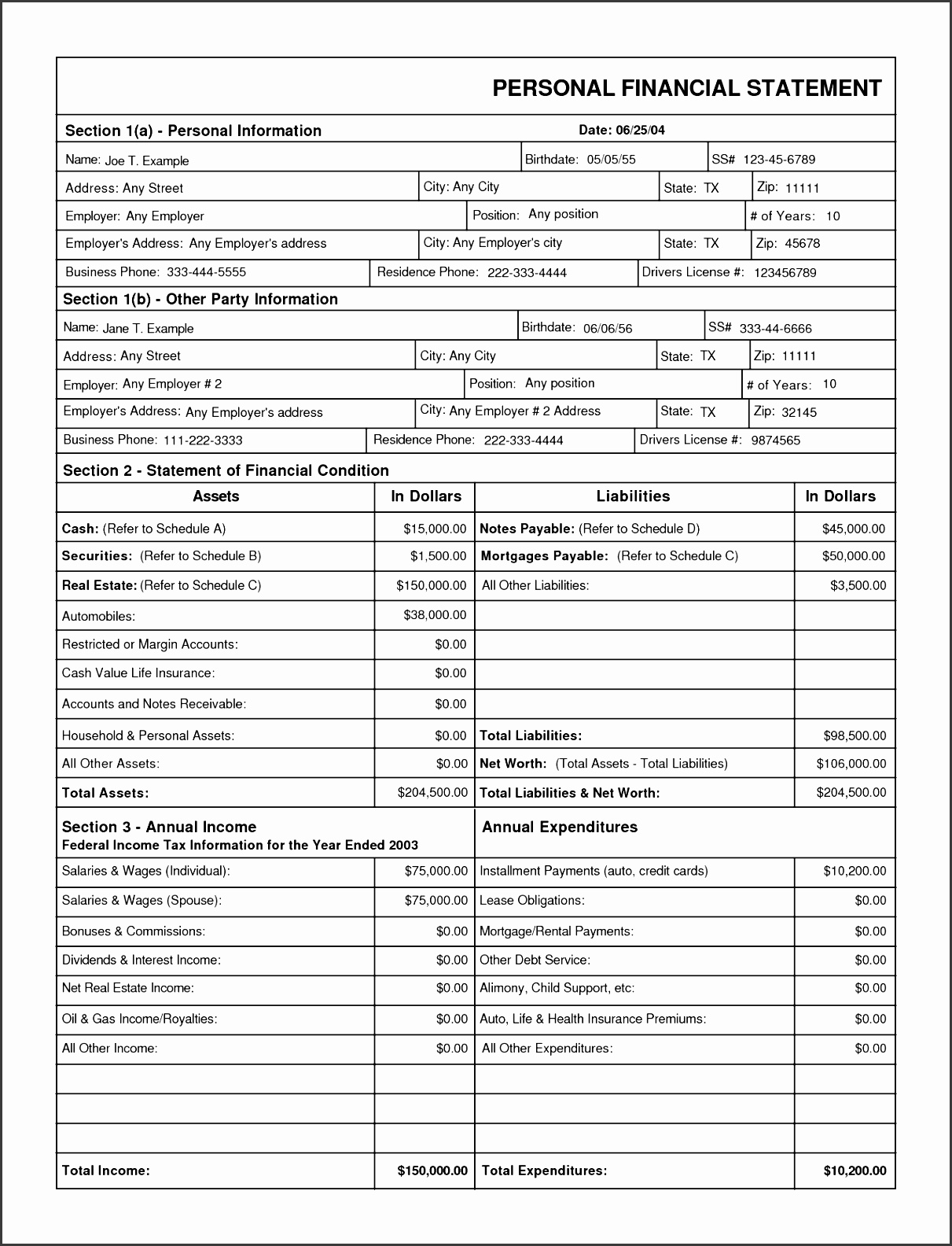 7 Personal Financial Statement Template SampleTemplatess