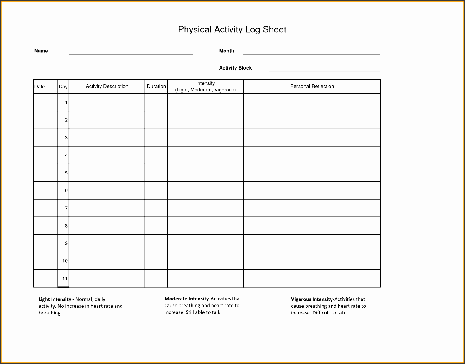 Printable Daily Activity Sheet